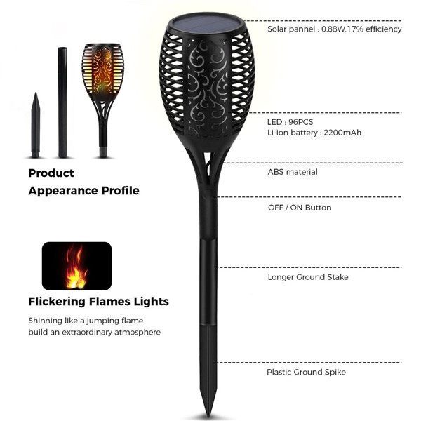 Solar Tiki Path Light 96 LED Flickering Torch for Landscape Decoration
